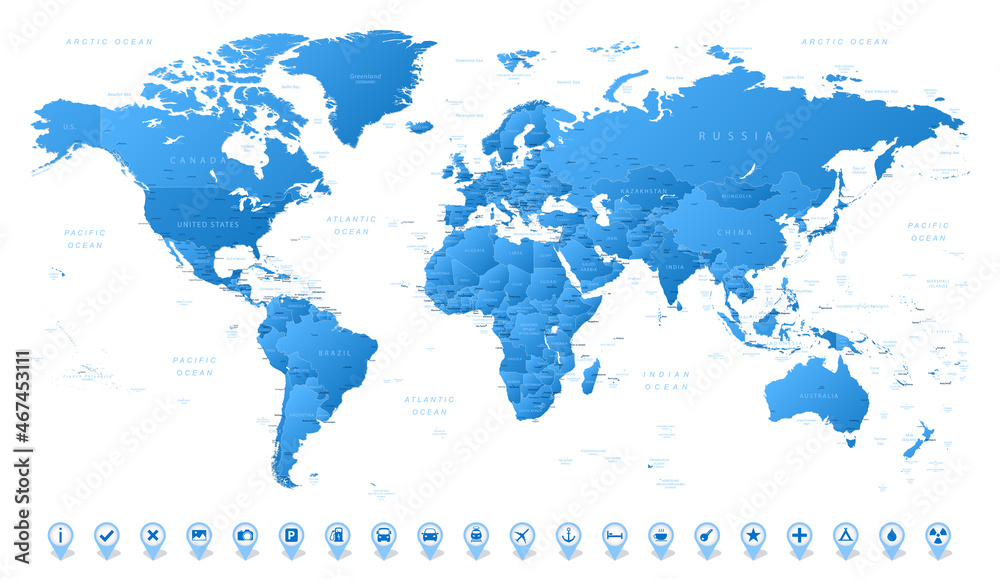 World map. Detailed map of the world with borders of all countries ...