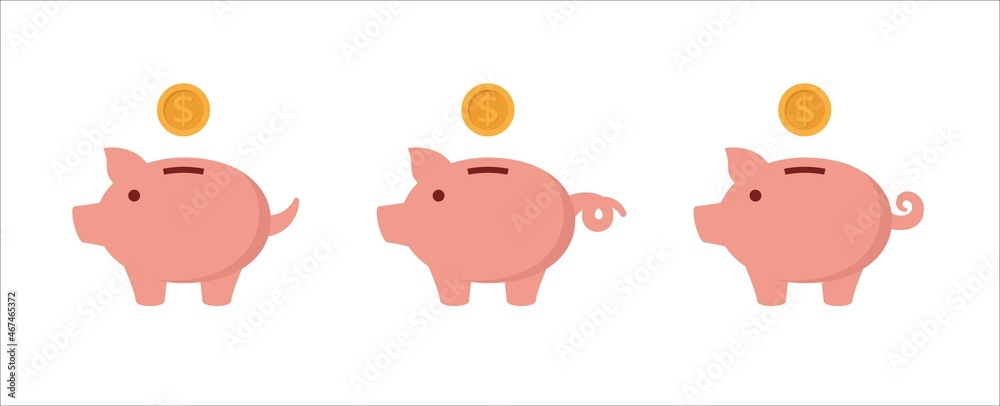 Piggy bank icon set. Cute pig shaped money box with its falling gold ...