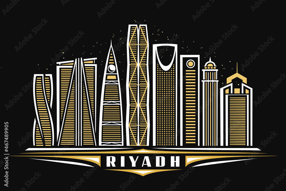 Vector illustration of Riyadh, dark horizontal poster with linear ...