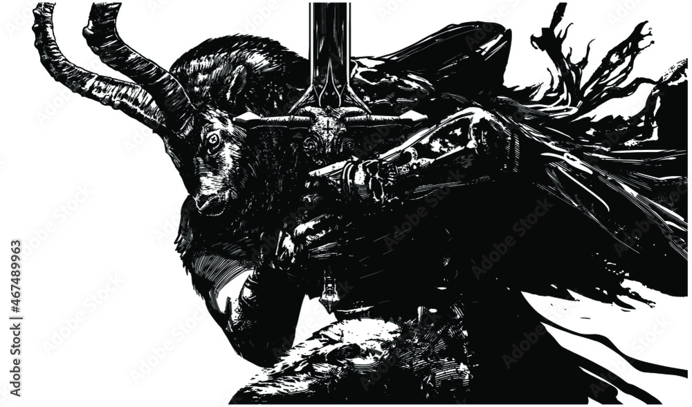 A satanic humanoid warrior with a goat 's head runs into battle with a ...