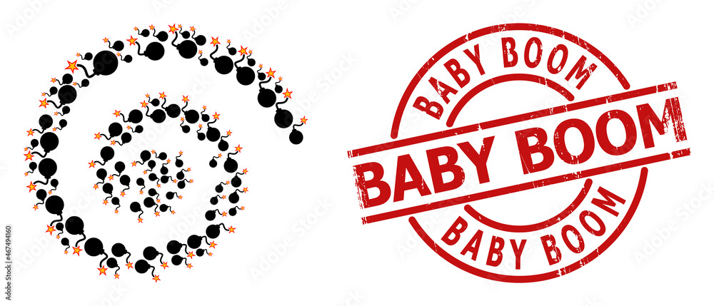 Bomb ignition icon spiral centrifugal collage, and Baby Boom corroded ...