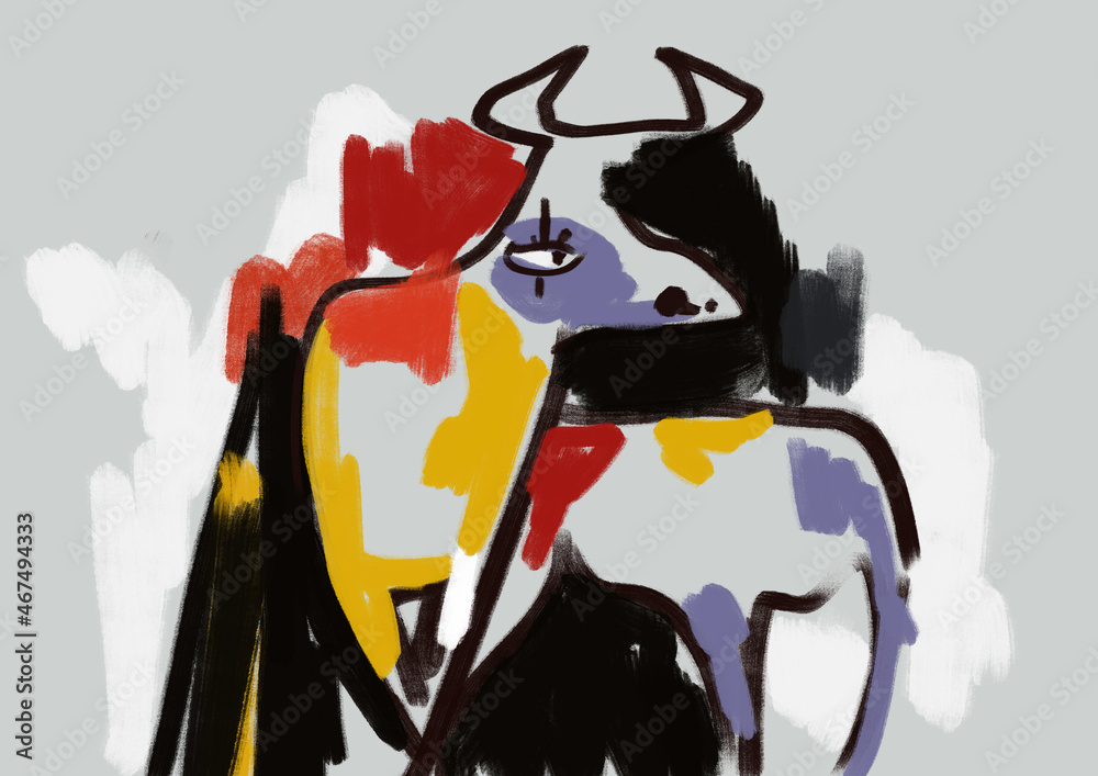 Funny cute cow rough and sketch painting cubism. Inspiration of Picasso ...