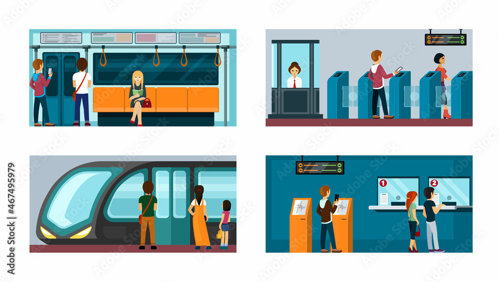 People in subway illustration set. Male and female characters pass ...
