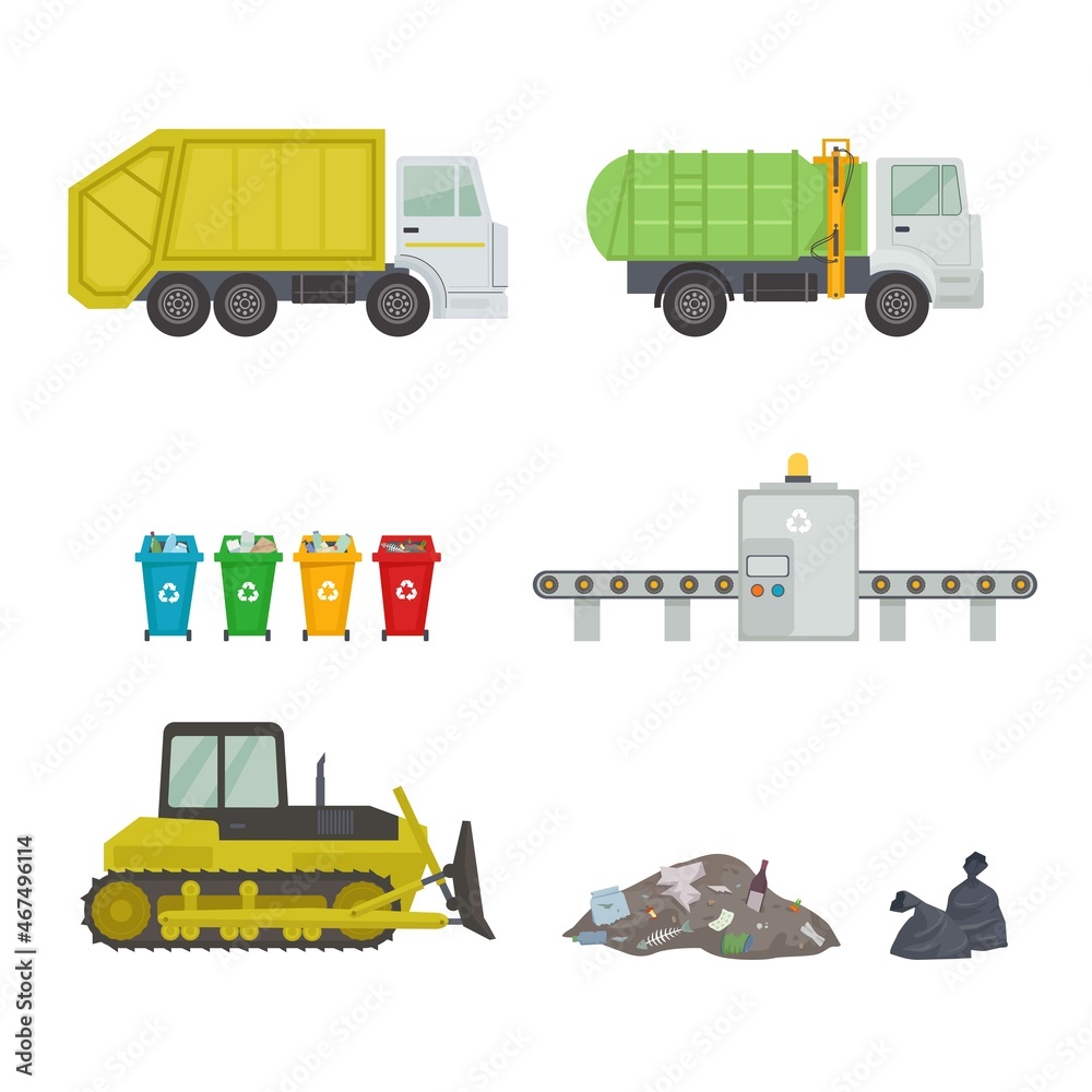 Garbage collection machines set. Trucks with containers for ...