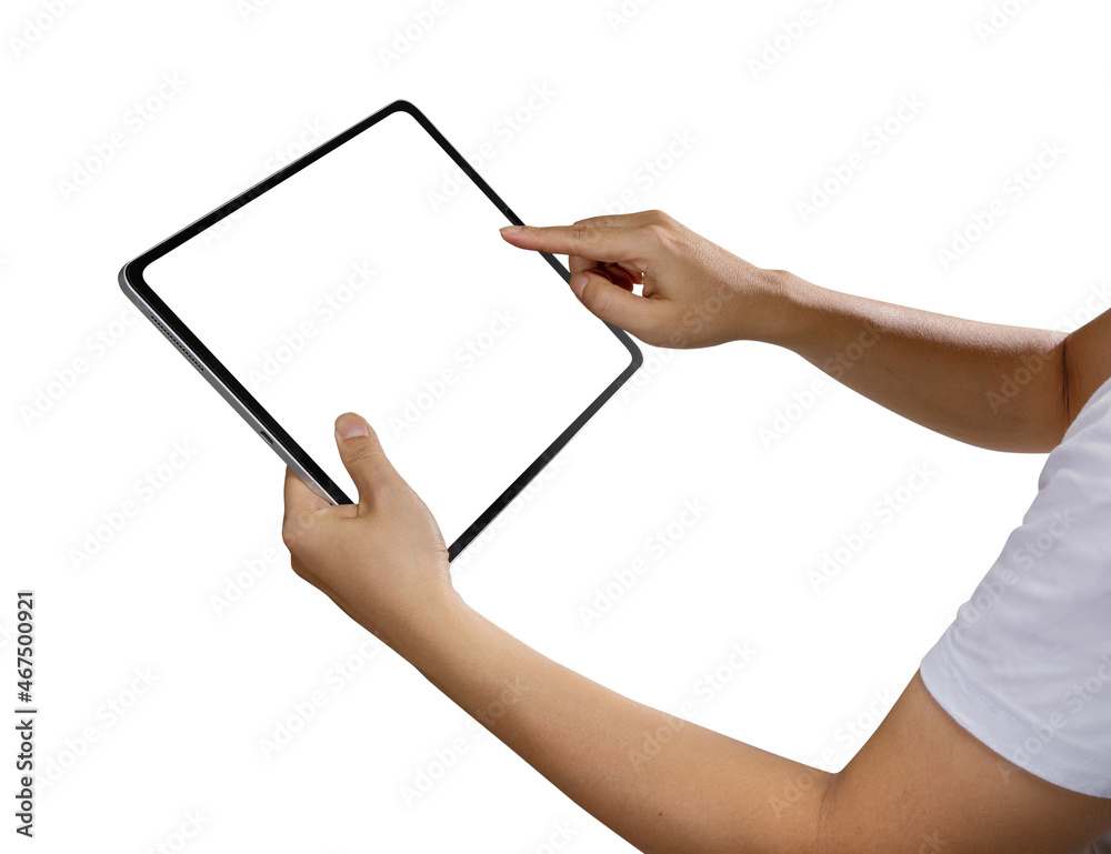 Side view of hand holding a mockup tablet with blank screen isolated on ...