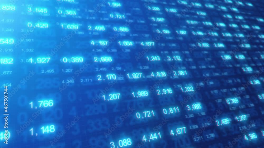 Computer screen with random numbers and graphic interface. Blue ...