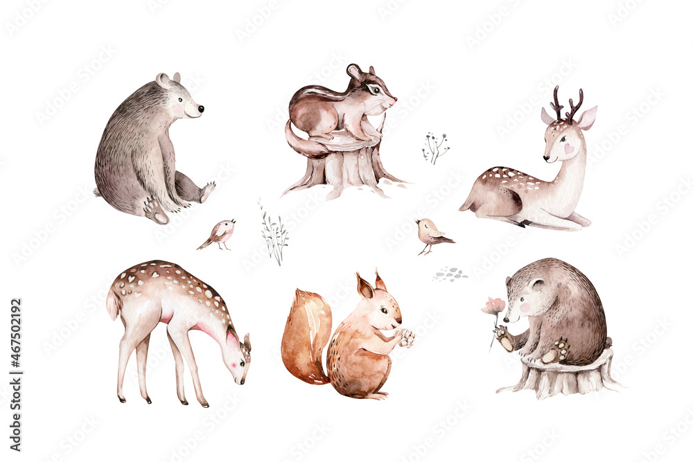 Woodland animals set. Owl, hedgehog, fox and butterfly, Bunny rabbit ...