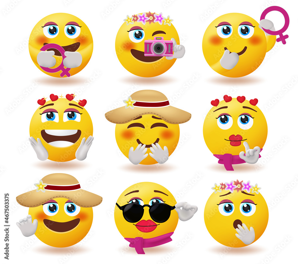 Vektorová grafika „Women smiley characters vector set. Woman emoji ...