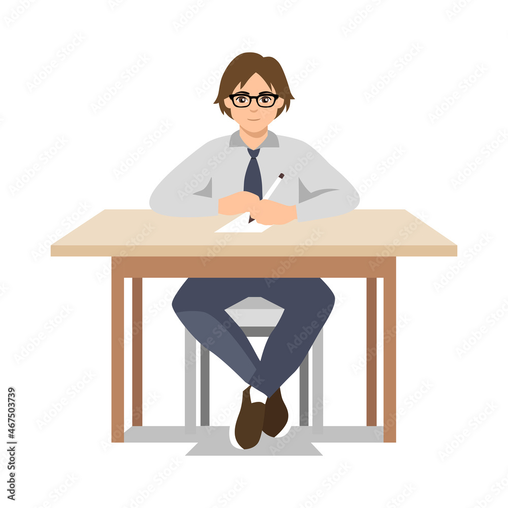 Happy boy studying with books. Student boy at the desk writing for her ...