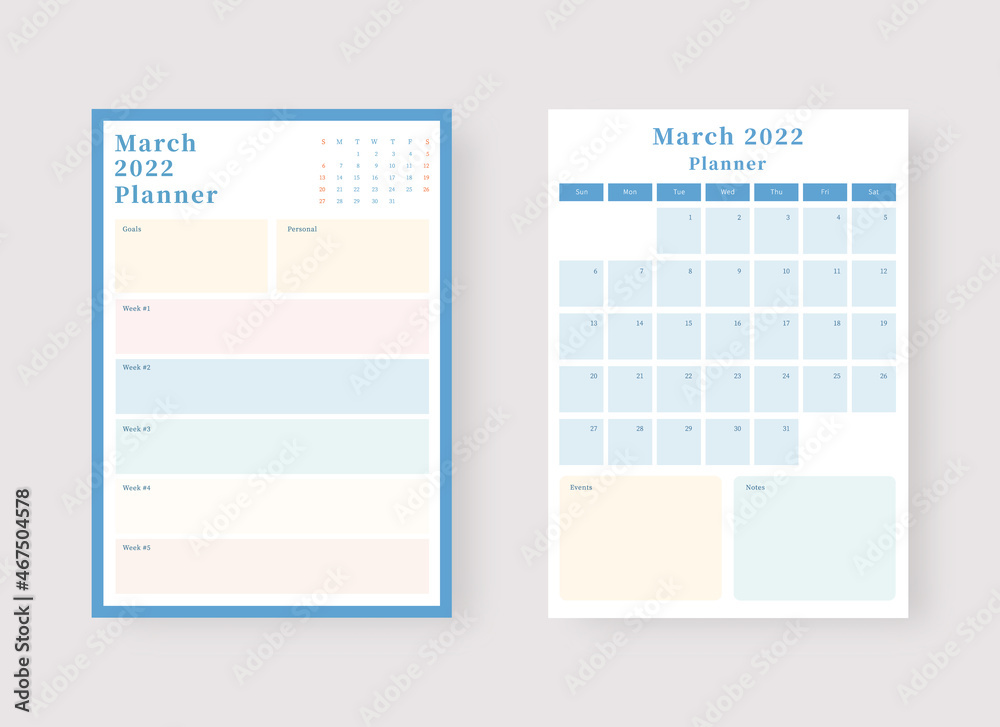 March 2022 planner template set. Set of planner and to do list. Monthly ...