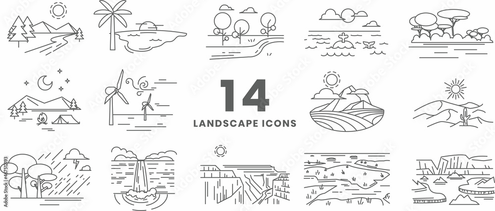Landscape nature icons set bundle - mountain, beach, river, lake, ocean ...