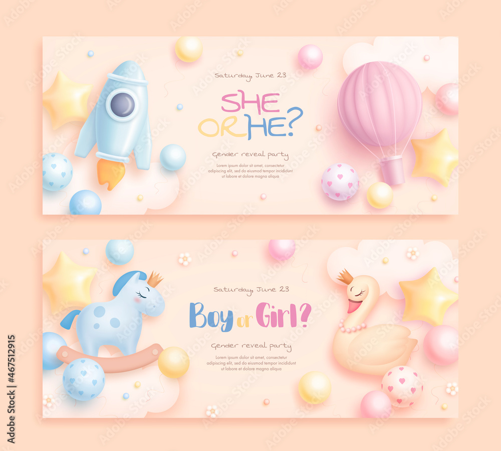He or she. Boy or girl. Set of cartoon gender reveal invitation ...