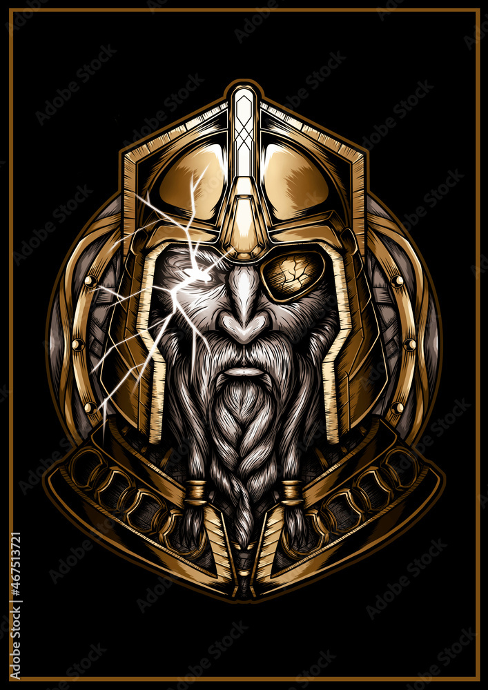 Graphic portrait of Scandinavian God in a gold armor with a lightning ...