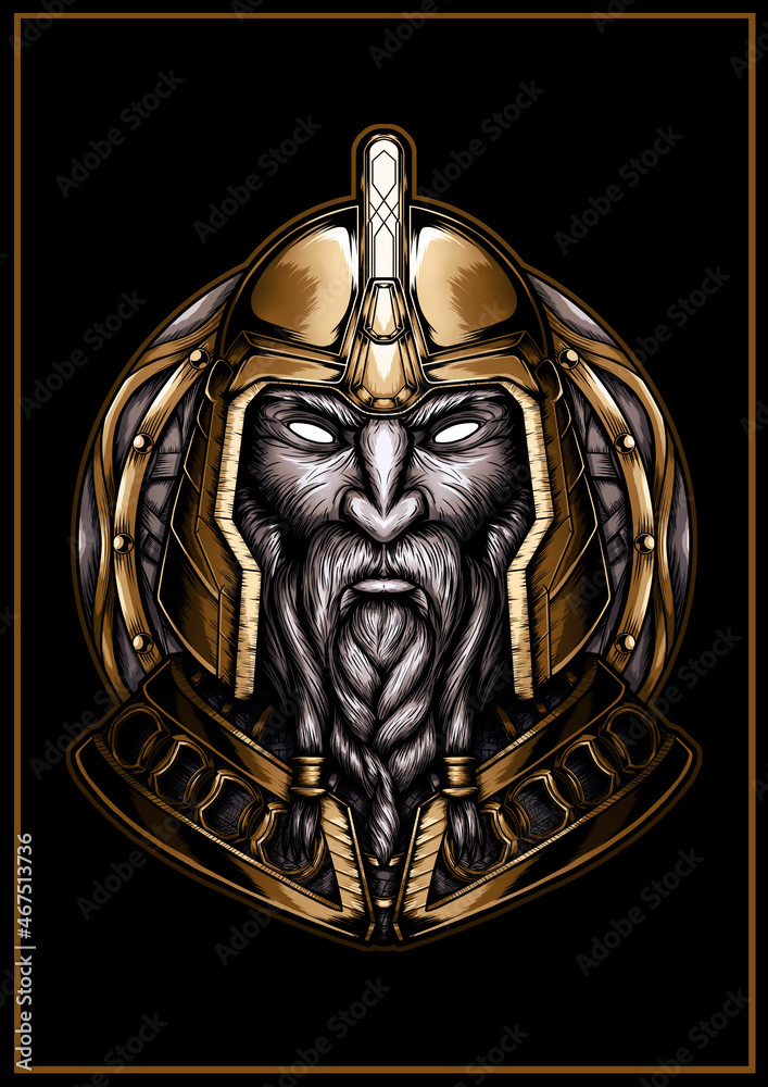 Graphic portrait of a nordic warrior in a gold armor on the background ...