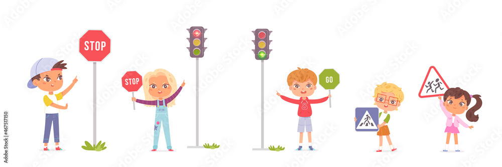 Group of preschool children studying traffic rules, holding road signs ...