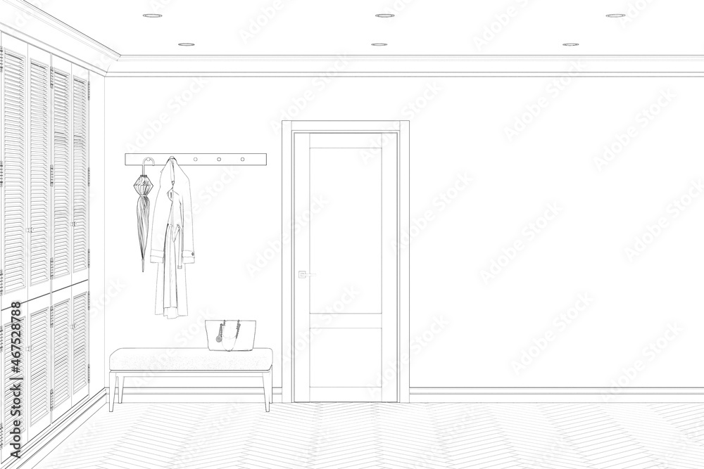 Sketch of the entrance hall in a modern classic style with a blank wall ...