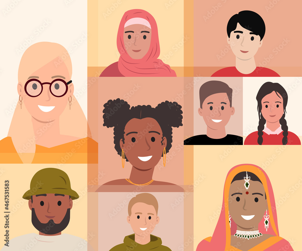 Vetor de Friendship concept. Multinational diverse group of happy ...