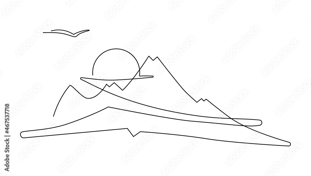 Sunset over the sea. Continuous line drawing. Vector illustration ...