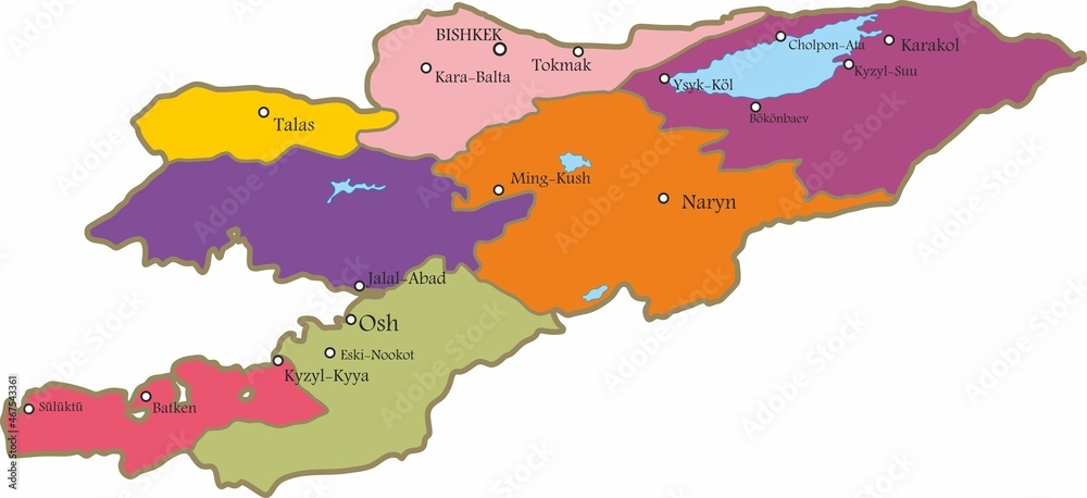 Vector administrative map of Kyrgyzstan. A republic with regional ...