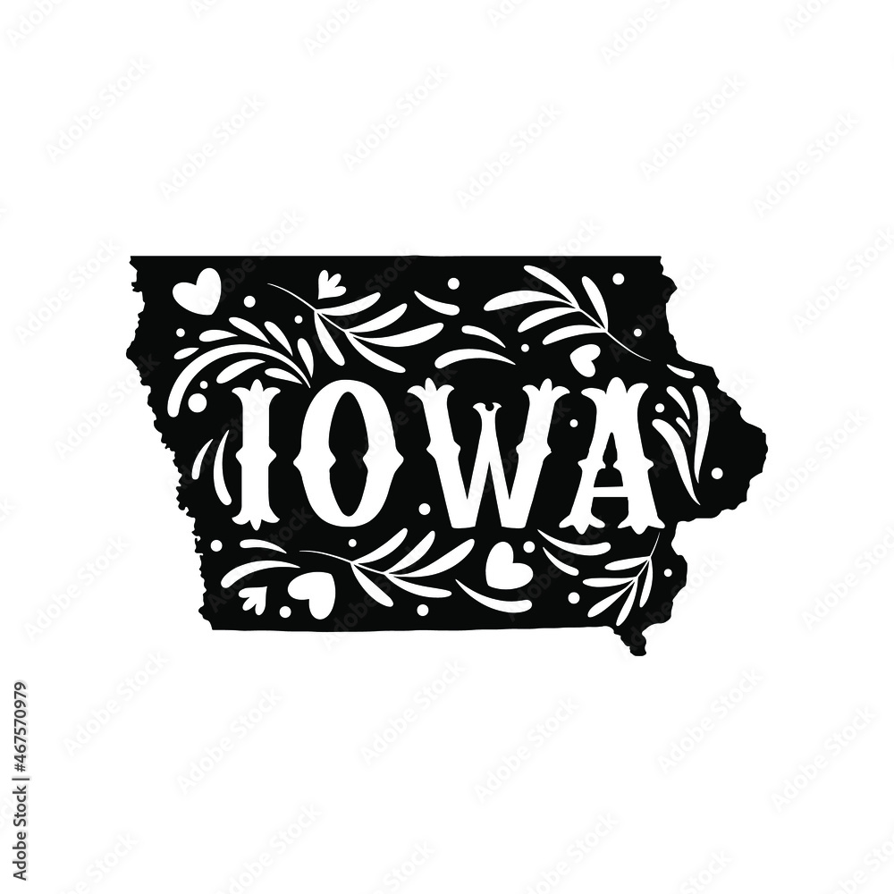 Iowa state map with doodle decorative ornaments. For printing on ...