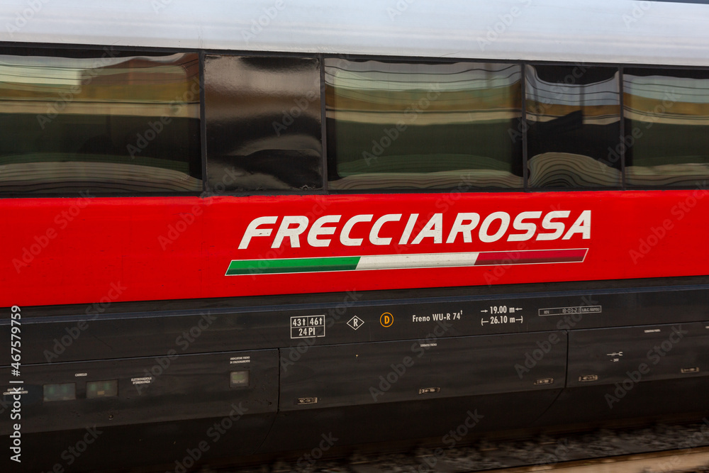 view of railway station Salerno and Trenitalia train Freccia Rossa (red ...