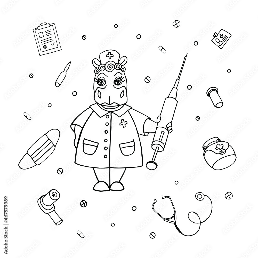 Coloring book for kids Doctor hippo with a syringe. Coloring Page ...