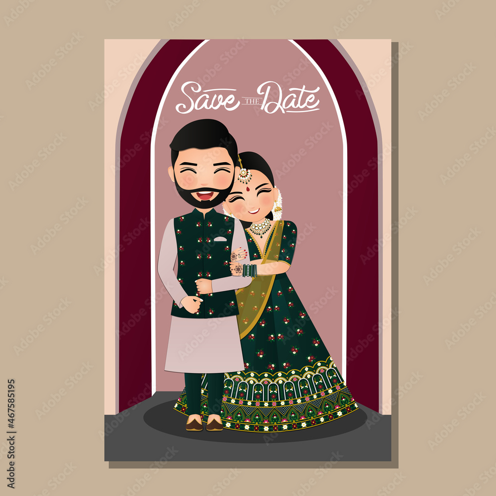 Wedding invitation card the bride and groom cute couple in traditional ...