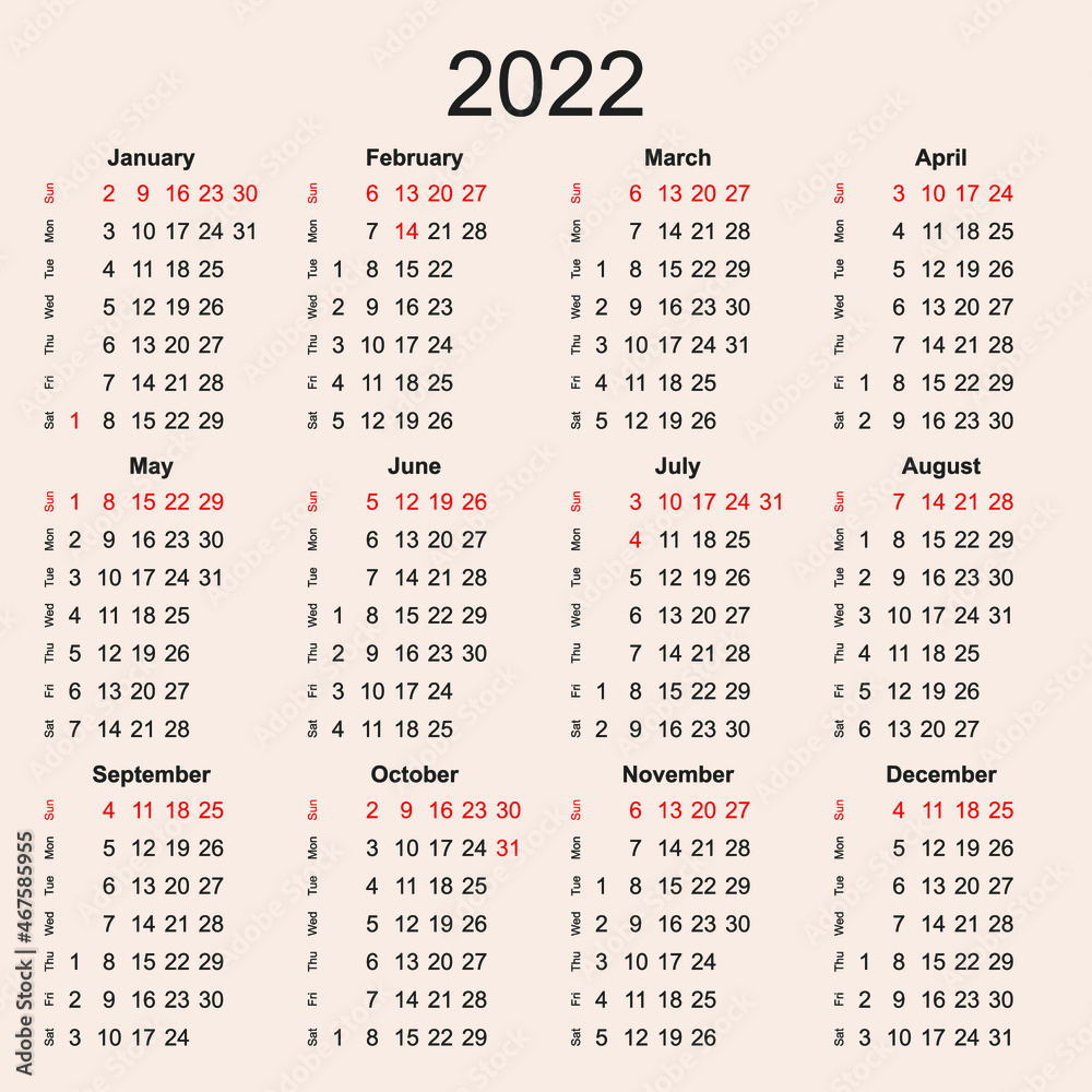 Calendar for 2022 with vertical arrangement of days of the week Stock ...