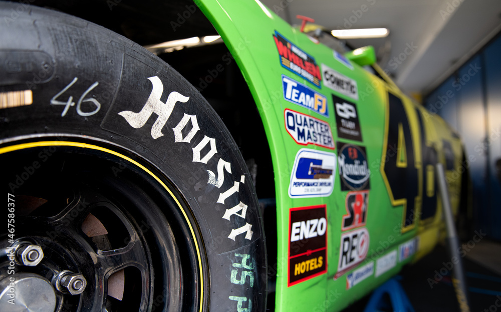Hoosier racing tire detail logo name on Nascar race car selective focus ...