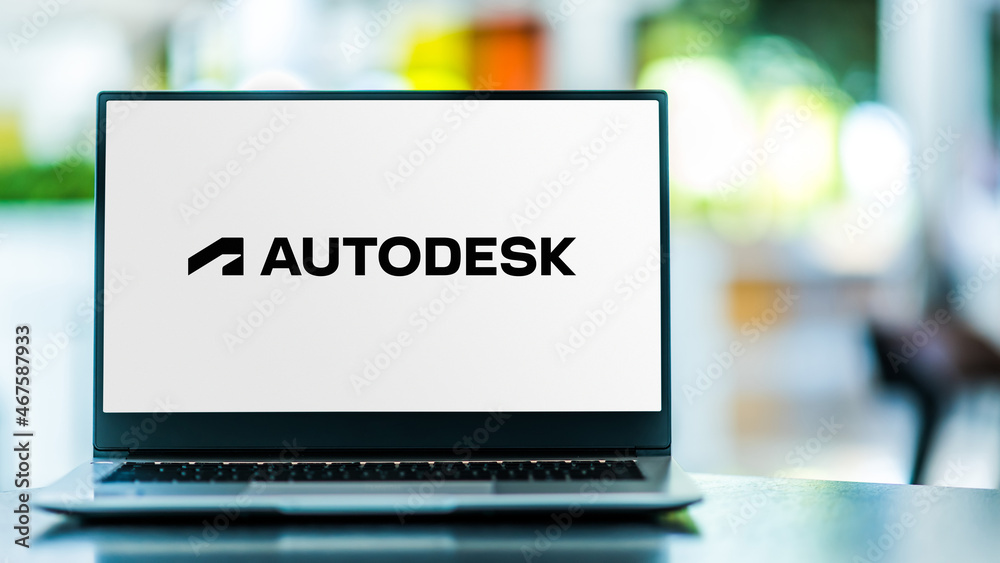 Laptop computer displaying logo of Autodesk Stock Photo | Adobe Stock