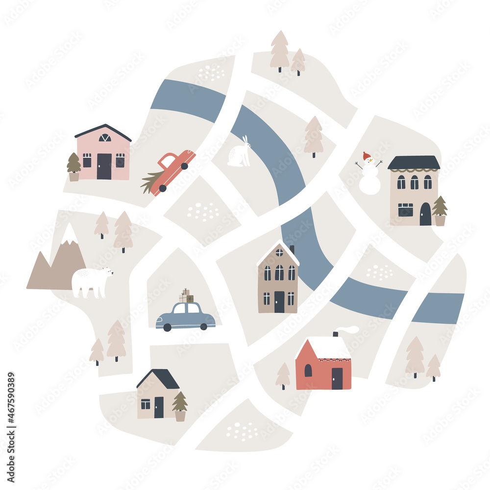 Winter town map. Hand drawn vector illustration for greeting card or ...