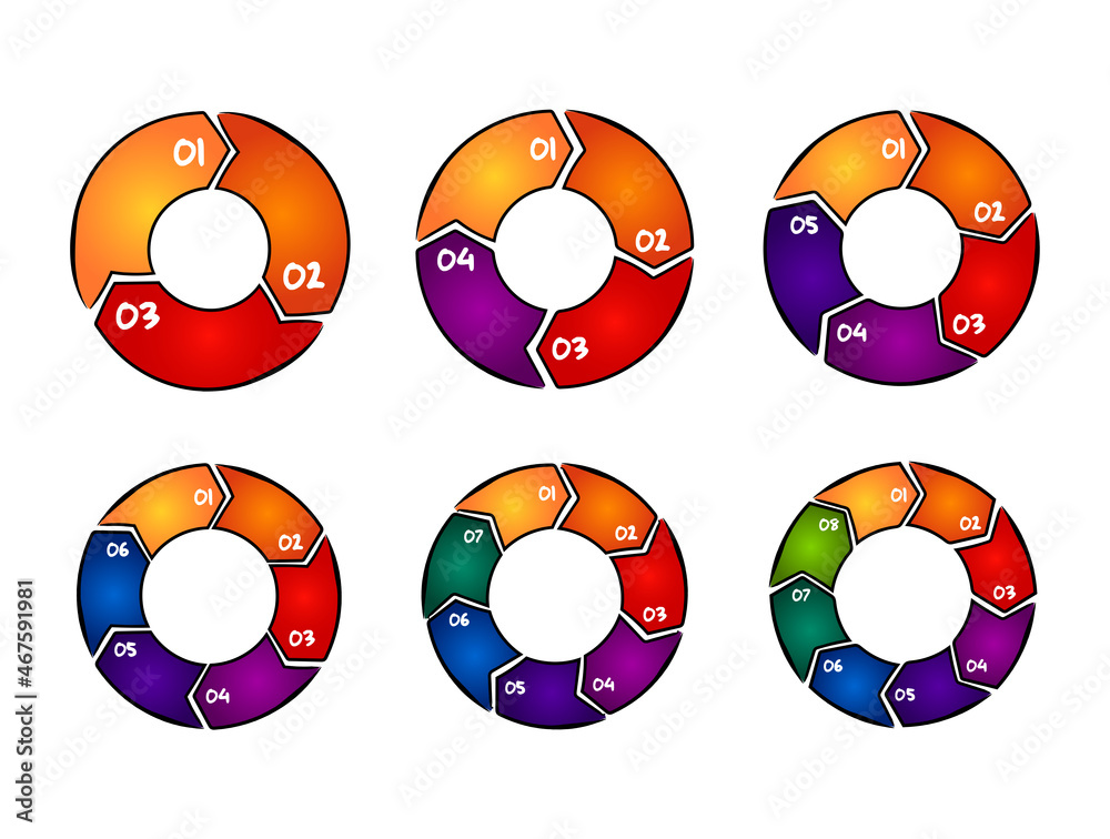 Hand drawn cycle diagram charts, Set of 3, 4, 5, 6, 7, 8 options steps ...