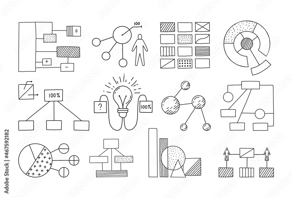 Doodle block schemes. Hand drawn sketch of infographic charts and bars ...