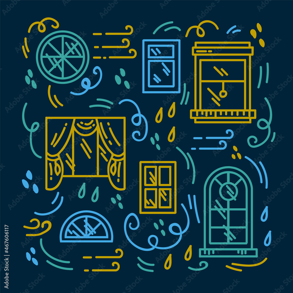 Colorful pattern with different windows. Cartoon background with window ...