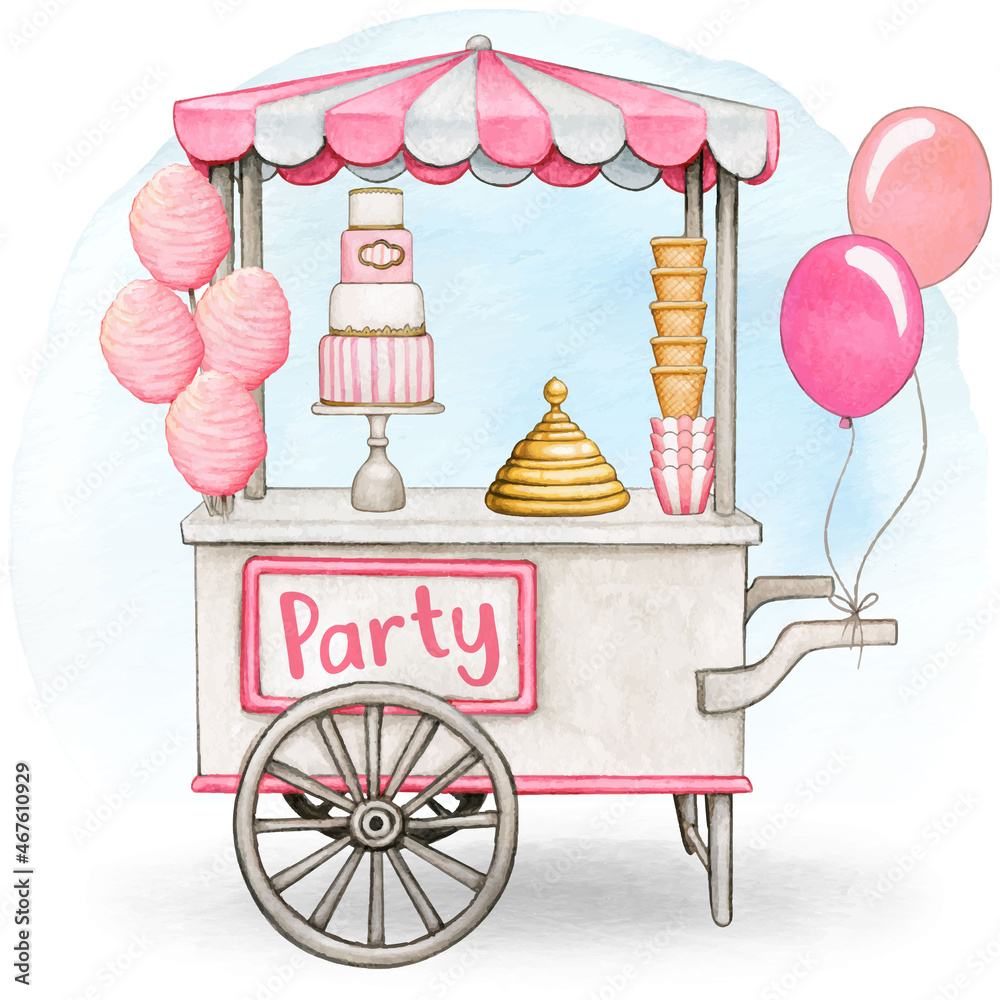 Watercolor vintage treats cart girl party Stock Vector | Adobe Stock