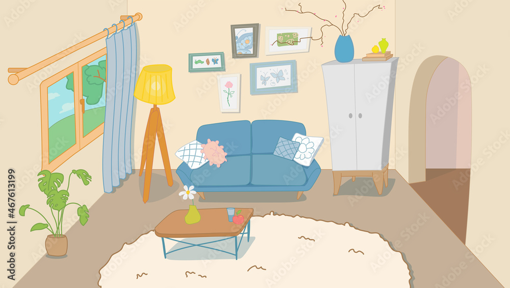 Cozy living room interior. Sofa, cushions, paintings on the wall, lamp ...