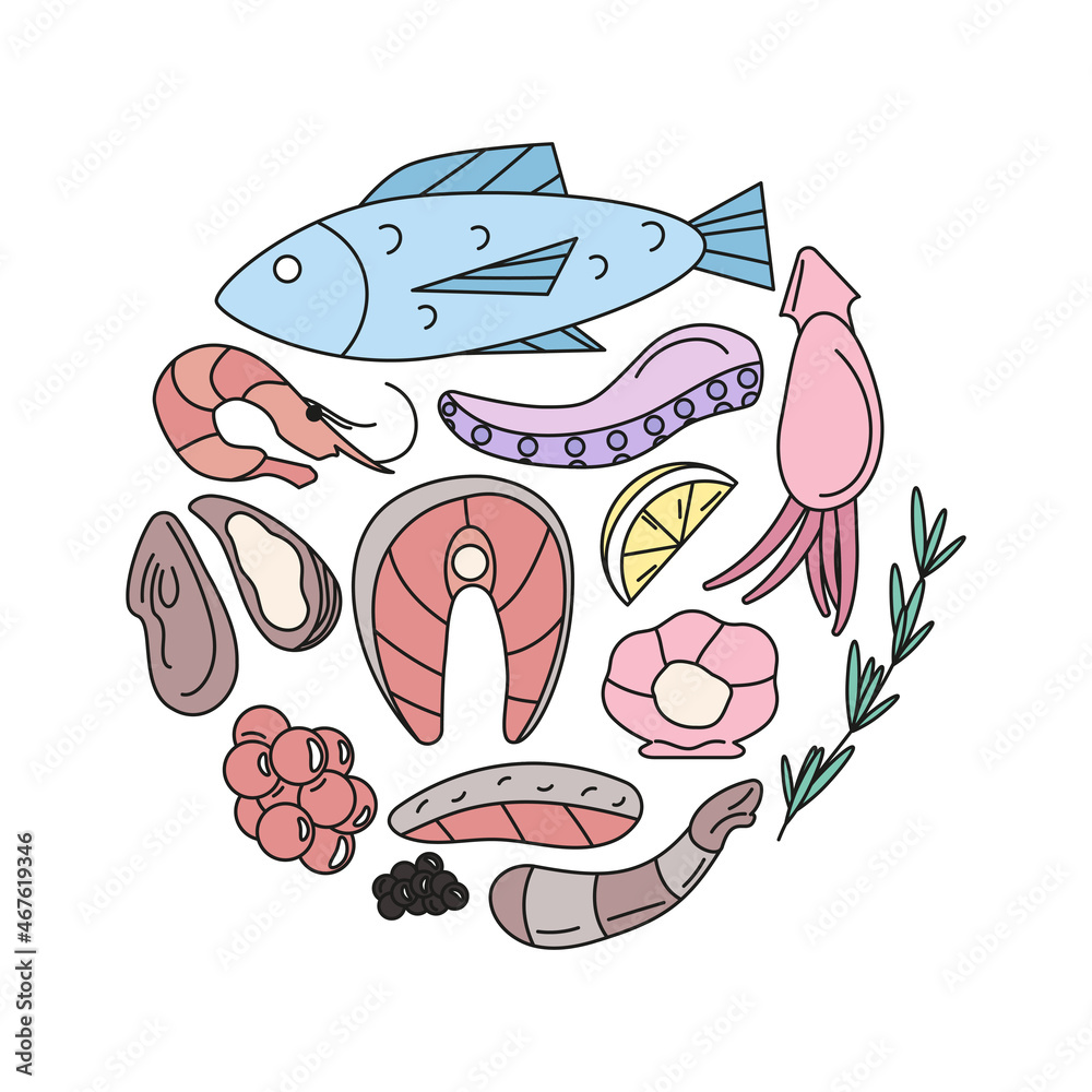 hand drawn doodle seafood elements in circle shape. salmon fish, salmon ...