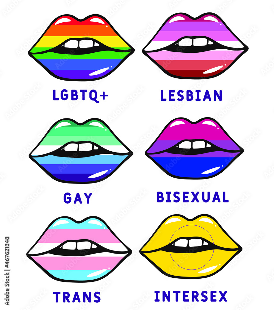 Sexual identity pride flags set. LGBT symbols. Lip shape with the flag ...