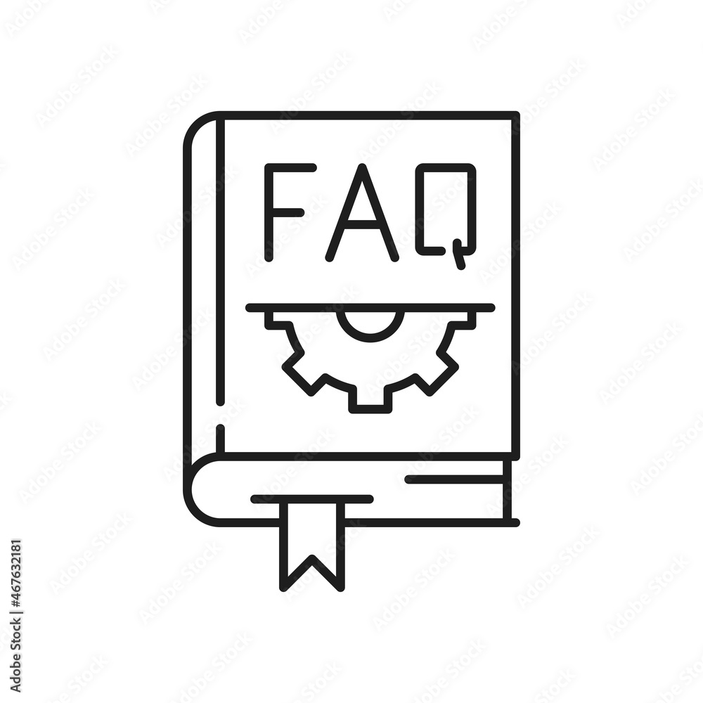 Closed help book with frequently asked questions and gear cogs settings ...