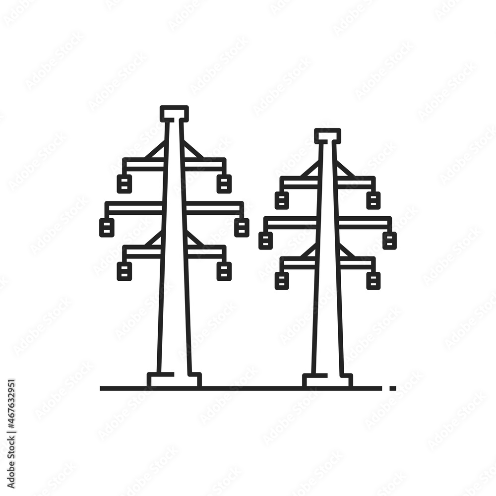 Structures, lattice tower and overhead power line isolated outline icon ...