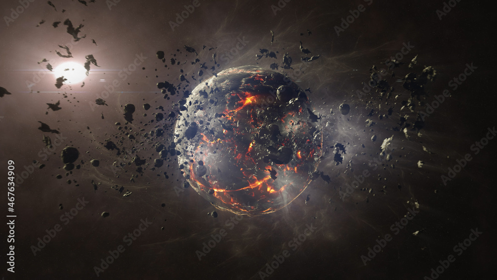 Dead planet with hot lava magma and asteroids Cinematic view of destroyed death star after ...