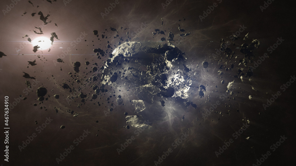 Destroyed Hollow planet in deep space with asteroids and sun flares ...
