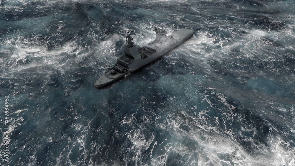 Navy ship vessel in stormy ocean Aerial top down view Aerial view of ...