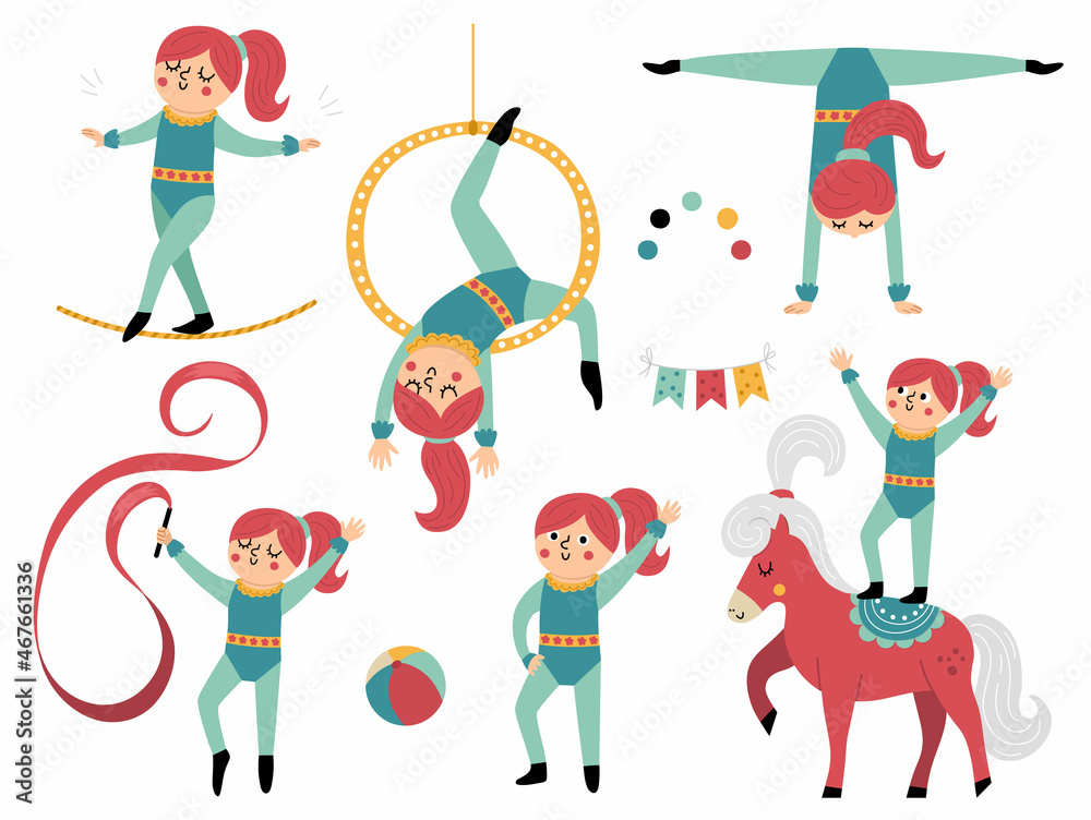 Vetor de Vector set with gymnast girls with hoop, horse, ribbon. Cute ...
