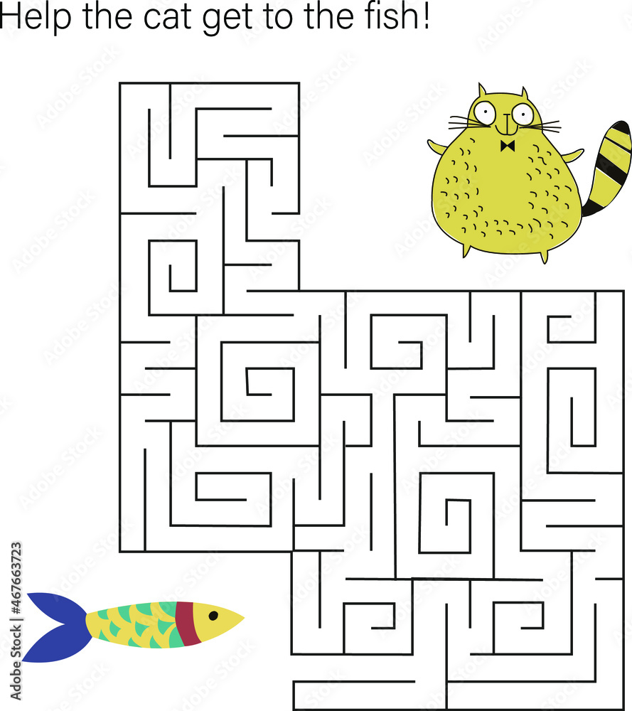 Maze game with cat. Cartoon labyrinth education puzzle. Find path for ...
