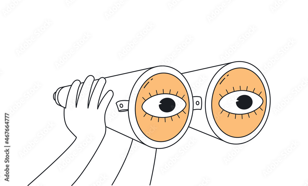 Binoculars in hand, eyes look forward. Concept target search, vision ...