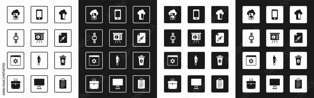 Set Cloud database, Board with graph, Wrist watch, Note paper push button, Mobile phone, Coffee ...