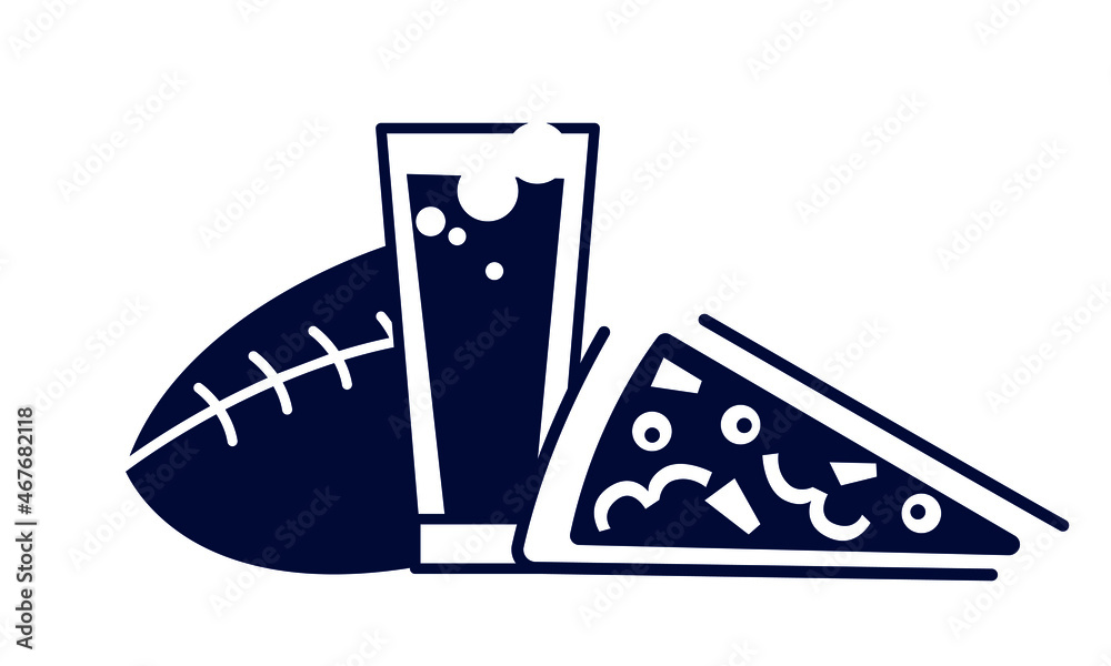 Fans food concept. Rugby, beer and pizza line art icon. Sport show meal ...