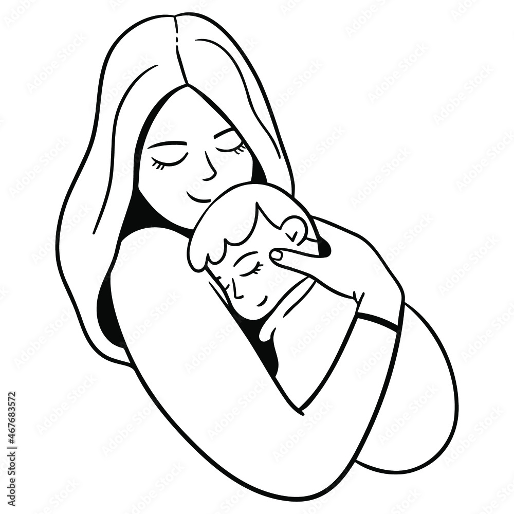 Simple illustration of mother with her child. Outline hand drawn ...