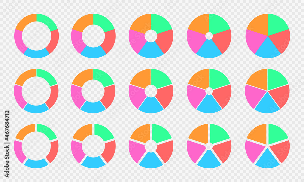 Pie and donut charts set. Colorful circle diagrams divided in 5 ...